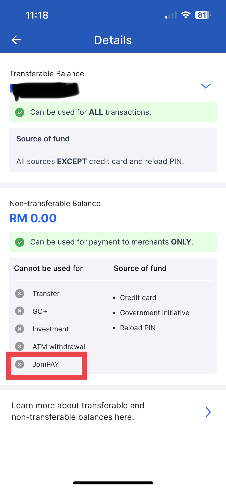 只能用来支付商家！TnG eWallet：JomPAY功能也不能使用“不可转让余额”！
